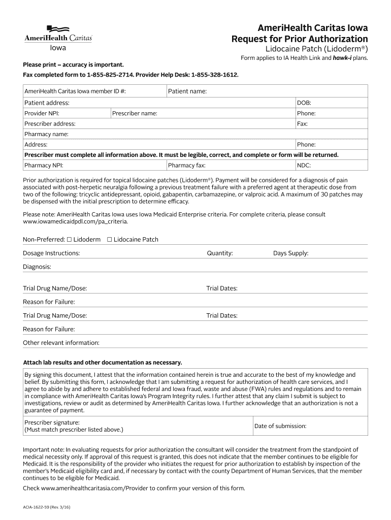 Fillable Online Lidocaine Patch Lidoderm - Providers - AmeriHealth Caritas Iowa Lidocaine Patch ...