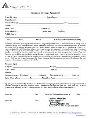 Fillable Online Insurance Coverage Agreement - afsacceptancecom Fax ...