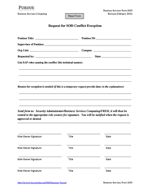 Fillable Online purdue Request for SOD Conflict Exceptiondoc Fax Email ...