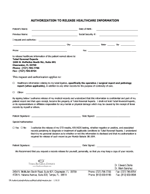 Fillable Online AUTHORIZATION TO RELEASE HEALTHCARE INFORMATION Patients Name: Date of Birth ...