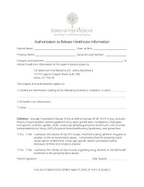 Fillable Online Authorization to Release Healthcare Information Patient Name: Date: of Birth ...