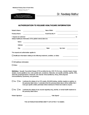 Fillable Online Navdeep Mathur AUTHORIZATION TO RELEASE HEALTHCARE ...