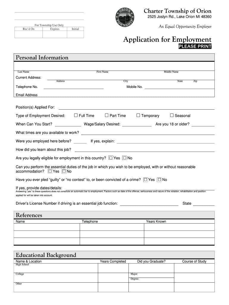 Fillable Online oriontownship Employment Application 12-1-14 v5 Fax Email Print - pdfFiller