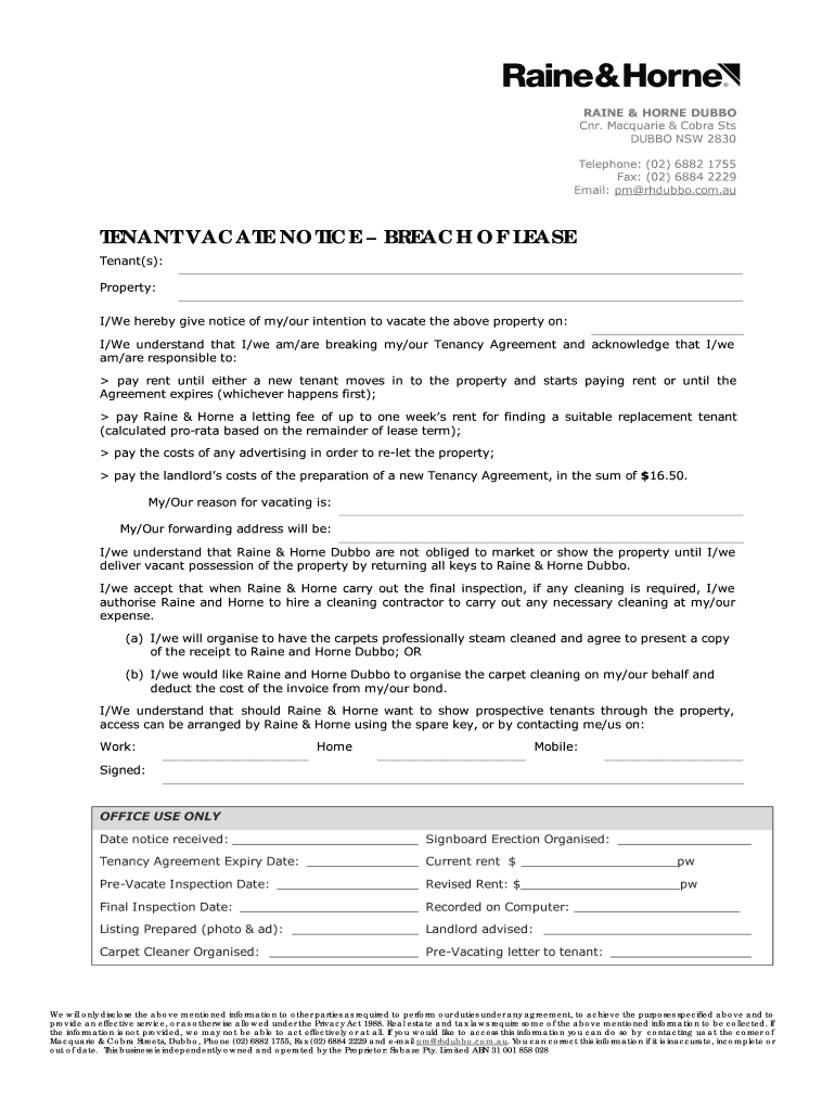 Fillable Online Vacating Notice - Breach Of Lease Raine Horne Dubbo Fax ...