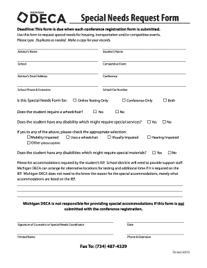 Fillable Online mideca Special Needs Request Form - Michigan DECA Fax ...