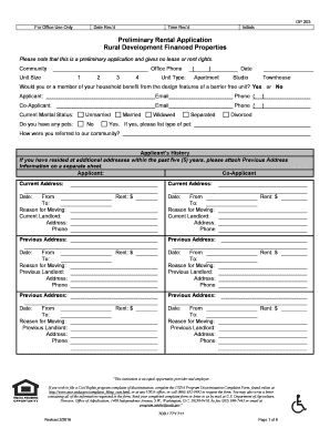 Fillable Online Preliminary Rental Application Rural Development Fax ...