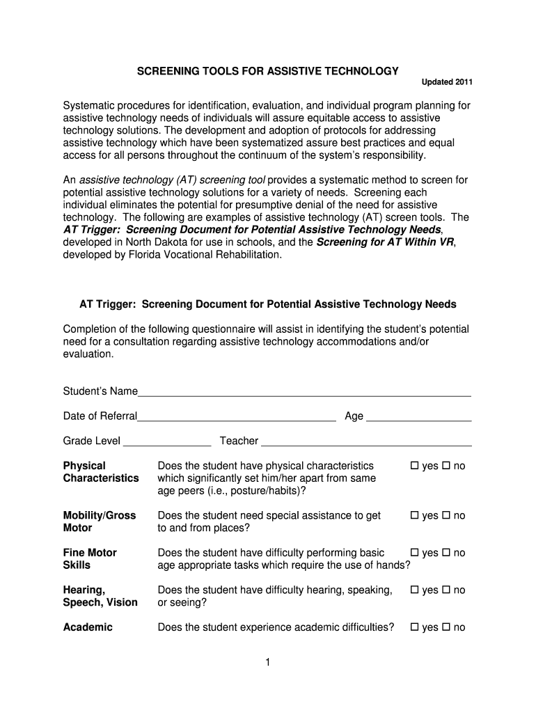 Fillable Online Screening Tools for Assistive Technology Fax Email ...