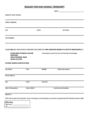 Fillable Online salinatech REQUEST FOR HIGH SCHOOL TRANSCRIPT - Salina Tech Fax Email Print ...