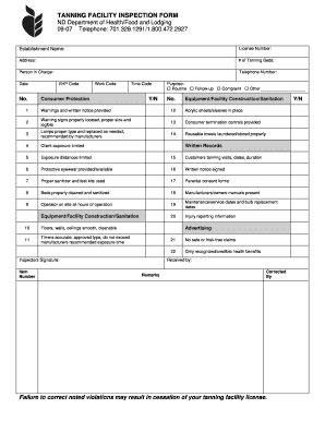 Fillable Online fdhu TANNING FACILITY INSPECTION FORM ND Department of ...