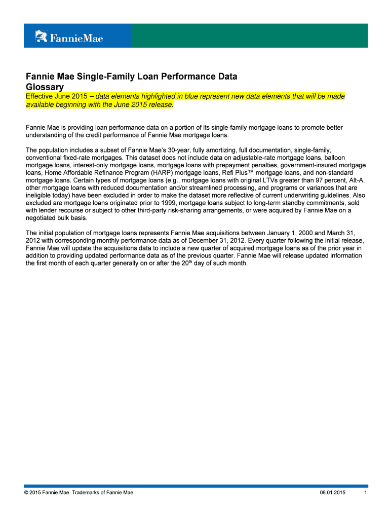 Fillable Online Loan Performance Glossary -- June 1, 2015. Loan ...