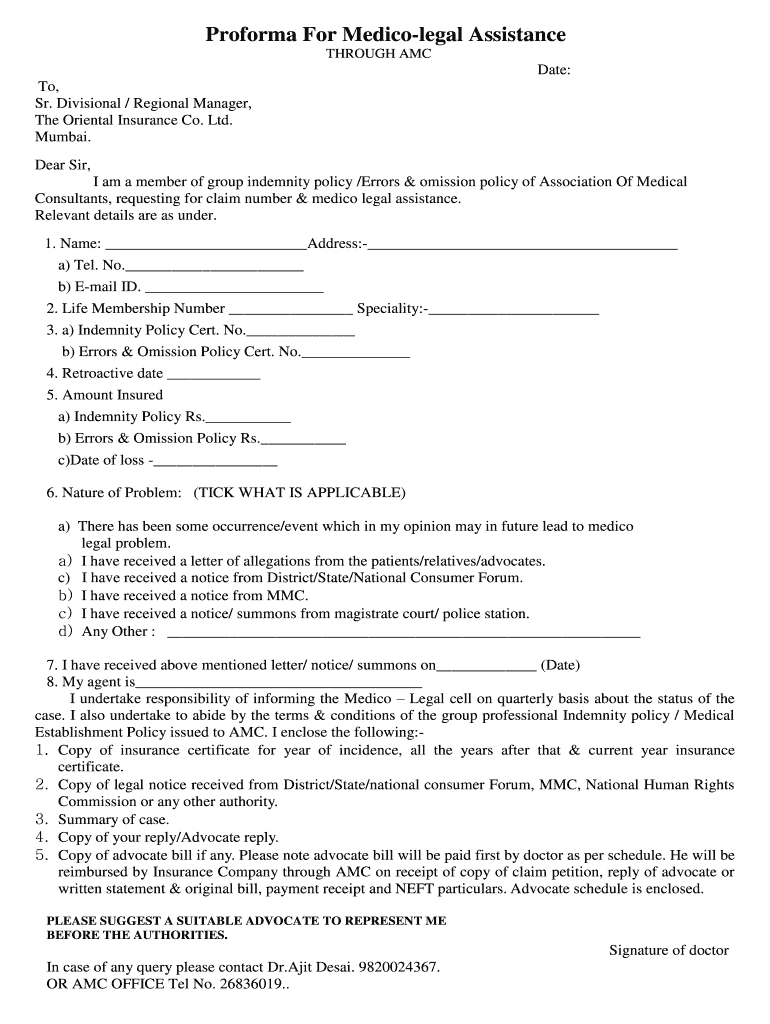 Fillable Online Proforma For Medico-legal Assistance Fax Email Print ...