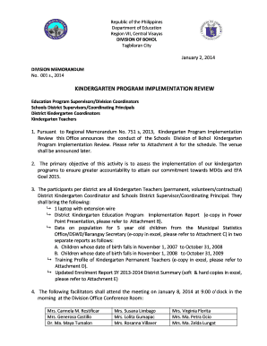 Fillable Online depedbohol KINDERGARTEN PROGRAM IMPLEMENTATION REVIEW ...