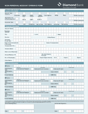 Fillable Online Non Personal Account Opening Form - diamondbankcom Fax ...