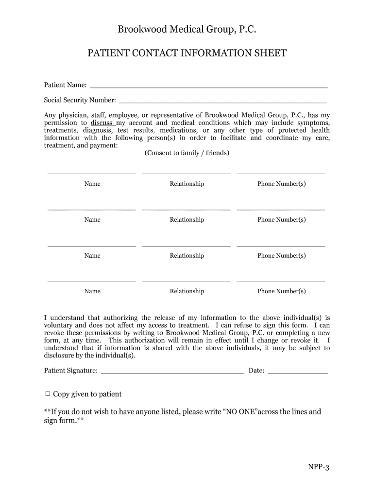 Fillable Online PATIENT CONTACT INFORMATION SHEET - Brookwood Fax Email ...