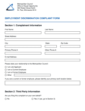 Fillable Online metrocouncil EMPLOYMENT DISCRIMINATION COMPLAINT FORM ...