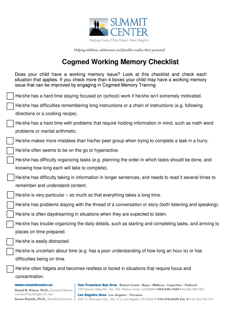 Fillable Online summitcenter Cogmed Working Memory Checklist - Summit ...