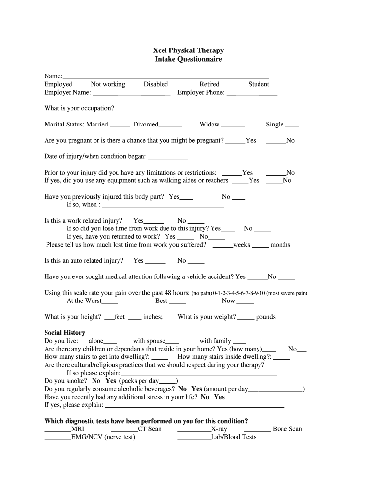 Fillable Online Xcel Physical Therapy Intake Questionnaire Fax Email ...