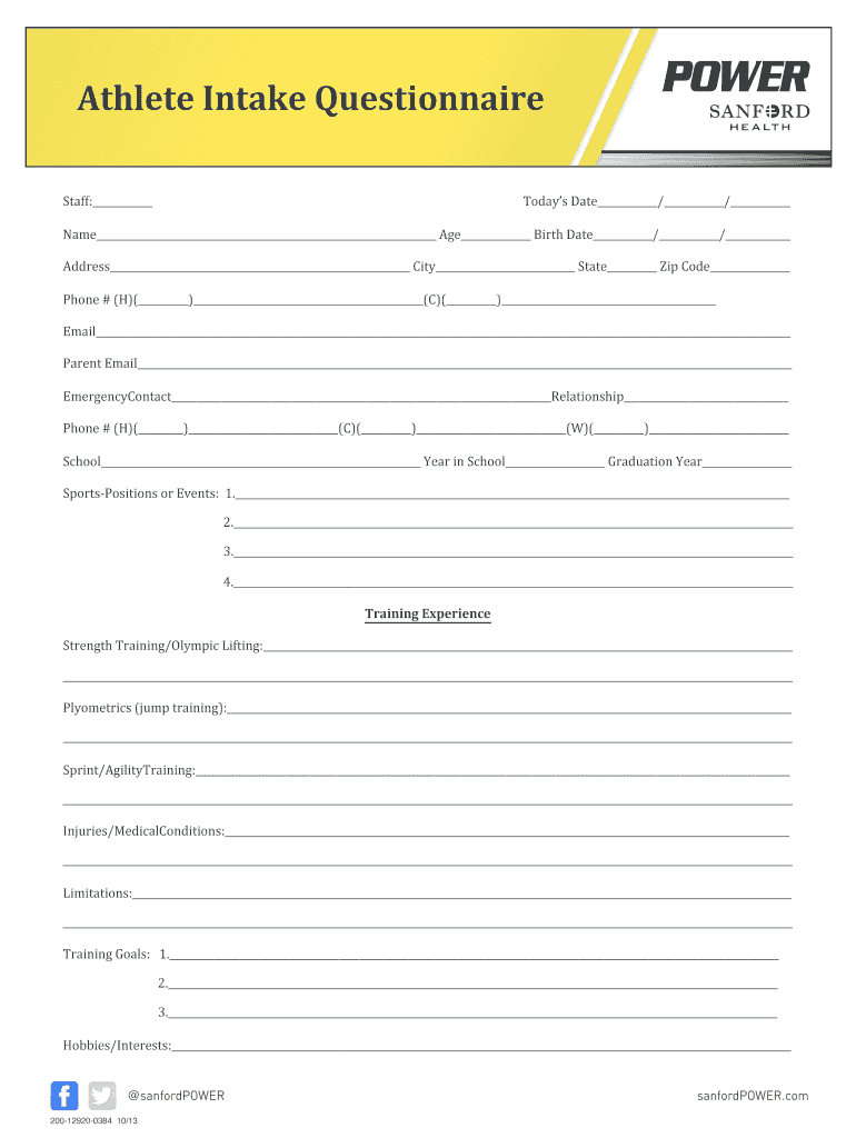 Fillable Online Athlete Intake Questionnaire - Sport Ngin Fax Email ...