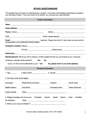 Fillable Online INTAKE QUESTIONNAIRE - dradrienneheinzcom Fax Email ...