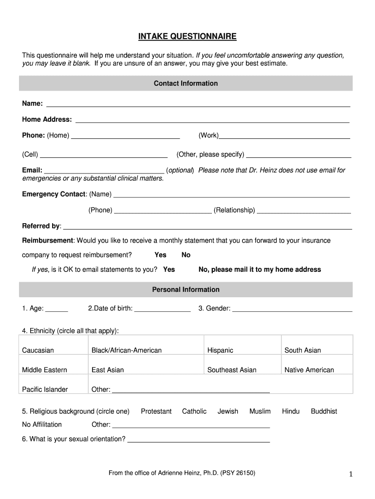 Fillable Online INTAKE QUESTIONNAIRE - dradrienneheinzcom Fax Email ...