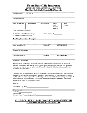 Fillable Online Unum Basic Life Insurance - Pinnacle PEO Fax Email ...