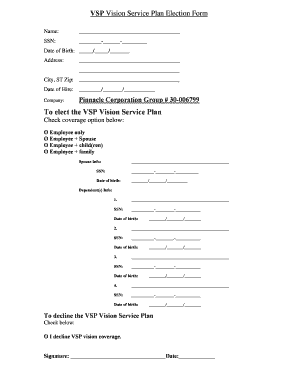 Fillable Online VSP Vision Service Plan Election Form - Pinnacle PEO ...