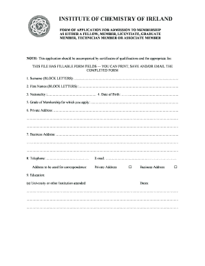 Fillable Online chemistryireland FORM OF APPLICATION FOR ADMISSION TO ...