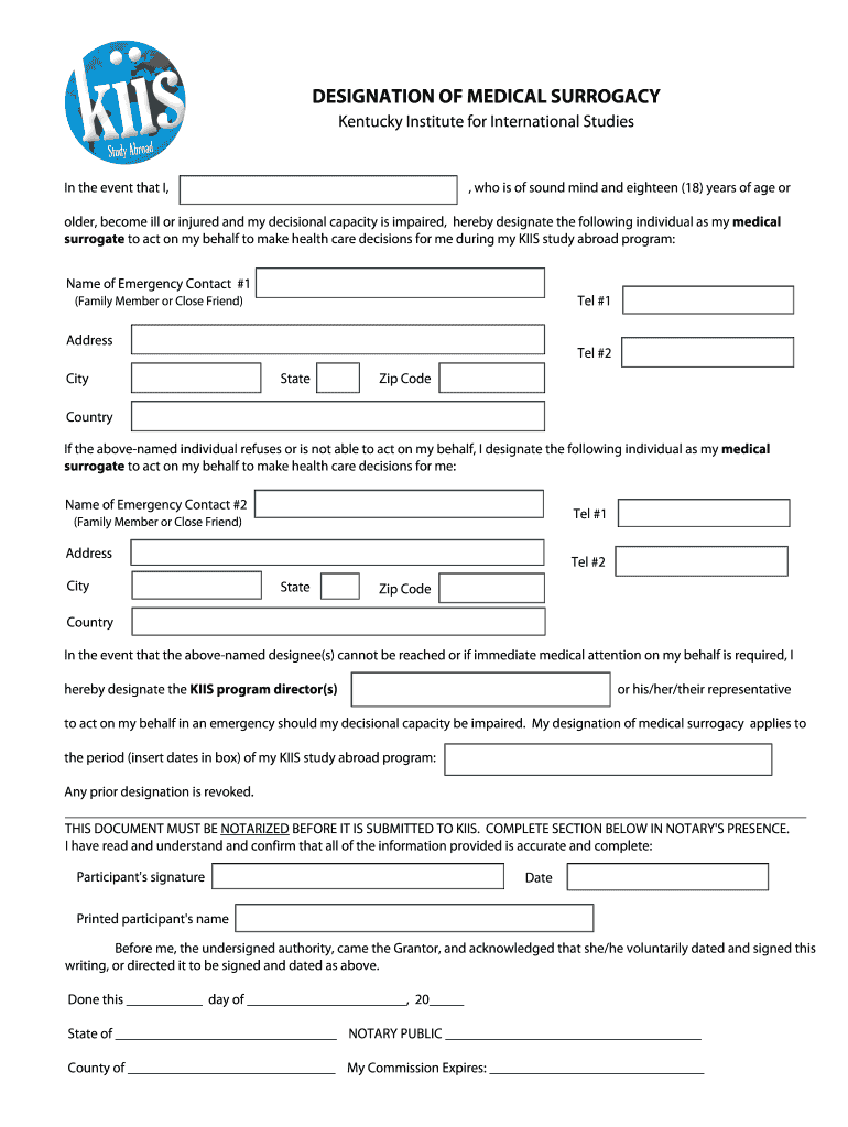 Fillable Online kiis DESIGNATION OF MEDICAL SURROGACY - kiisorg Fax ...
