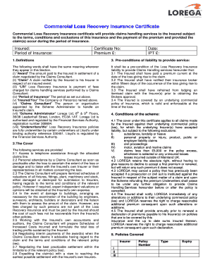 Fillable Online Commercial Loss Recovery Insurance Certificate Fax ...