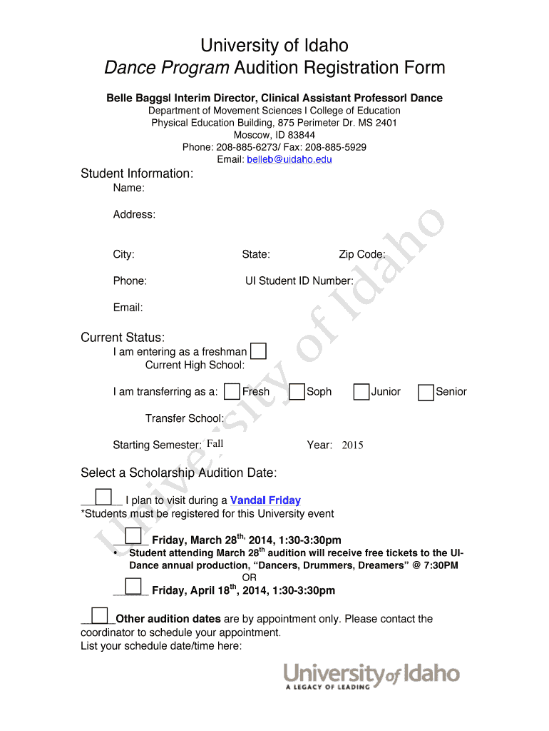 Fillable Online Dance Program Audition Registration Form Fax Email ...