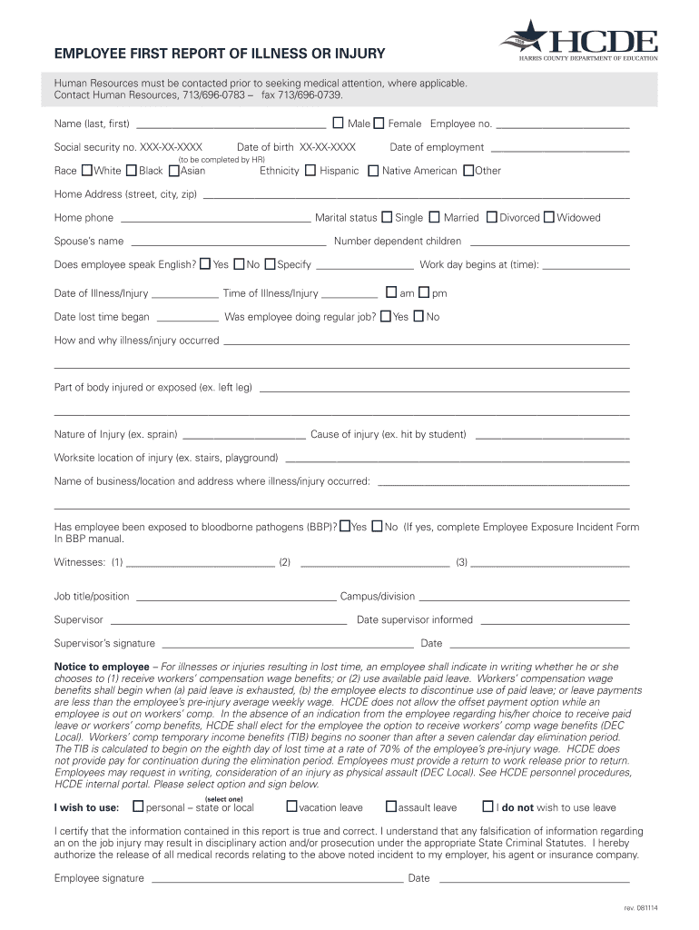 Fillable Online EMPLOYEE FIRST REPORT OF ILLNESS OR INJURY Fax Email ...