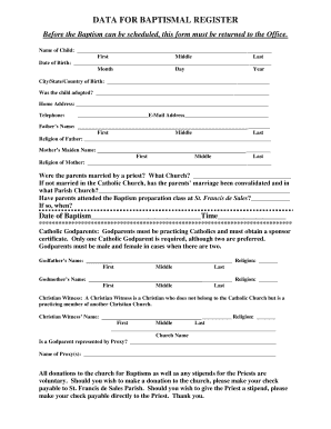 Fillable Online saintfrancisparish DATA FOR BAPTISMAL REGISTER ...