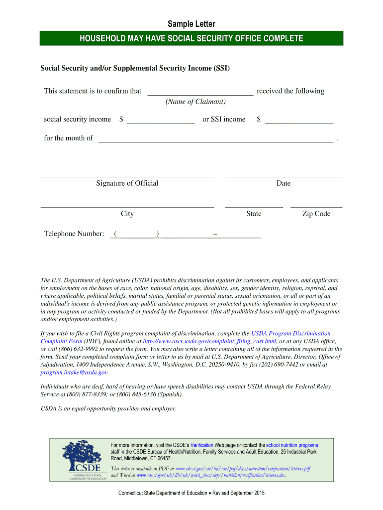 Fillable Online sde ct Sample Letter HOUSEHOLD MAY HAVE SOCIAL SECURITY ...
