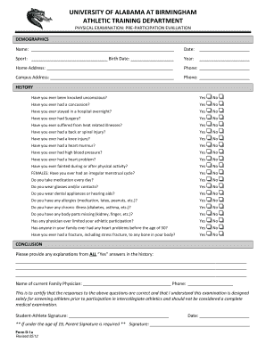 Fillable Online PHYSICAL EXAMINATION PREPARTICIPATION EVALUATION Fax Email Print - pdfFiller