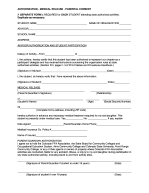 Fillable Online ffa cccs AUTHORIZATION - MEDICAL RELEASE - PARENTAL CONSENT - ffa cccs Fax Email ...