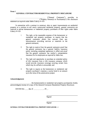 Fillable Online GENERAL CONTRACTOR RESIDENTIAL PROPERTY DISCLOSURE Fax ...