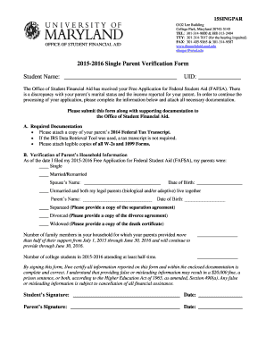 Fillable Online financialaid umd 20152016 Single Parent Verification ...