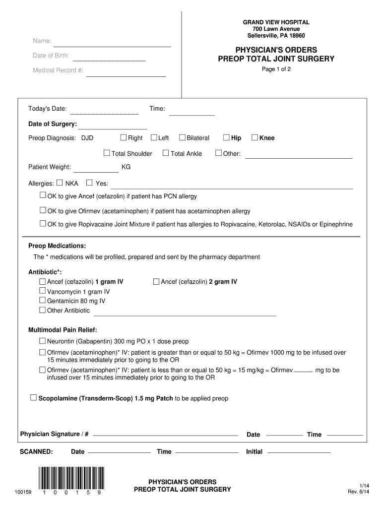 Fillable Online PHYSICIANS ORDERS PREOP TOTAL JOINT SURGERY Fax Email ...