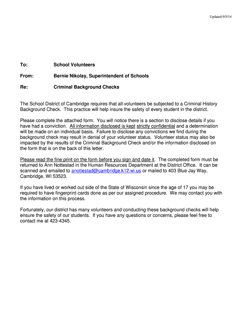 Fillable Online cambridge k12 wi To School Volunteers Re Criminal ...