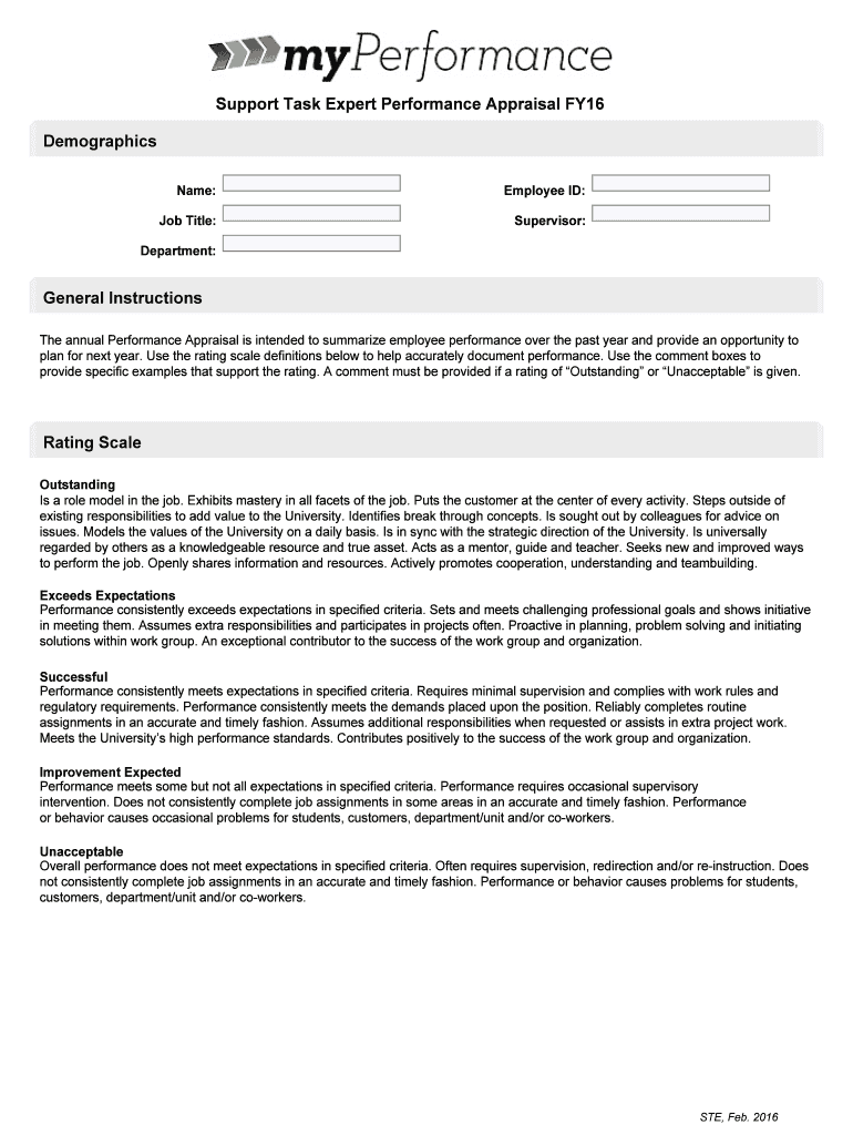 Fillable Online Support Task Expert Performance Appraisal FY16 Fax ...