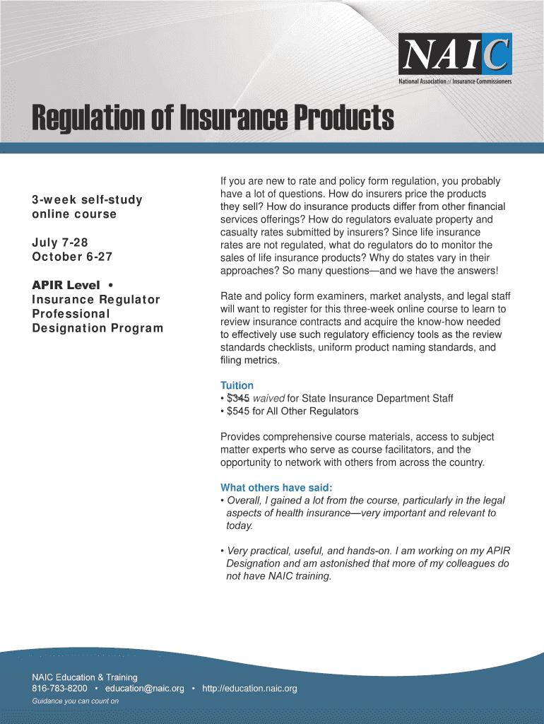 Fillable Online naic Regulation of Insurance Products - naic Fax Email ...