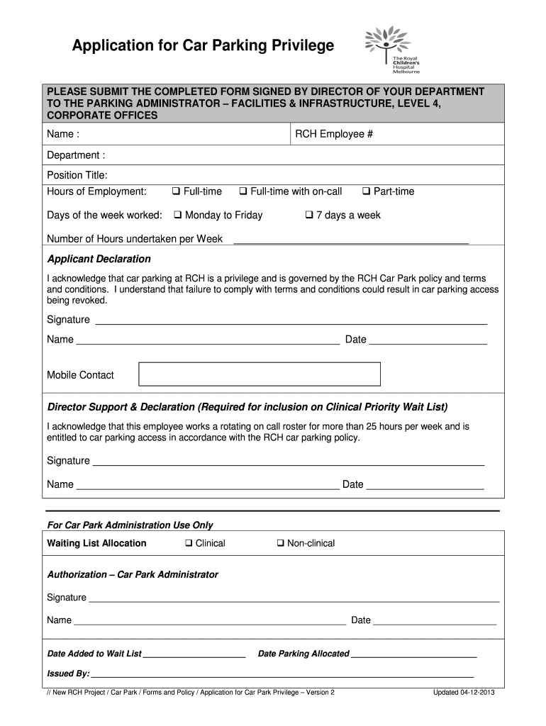 Fillable Online rch org Application for Car Parking Privilege - rch org ...