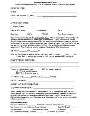 Fillable Online che ufl Personnel Appointment Form - University of ...