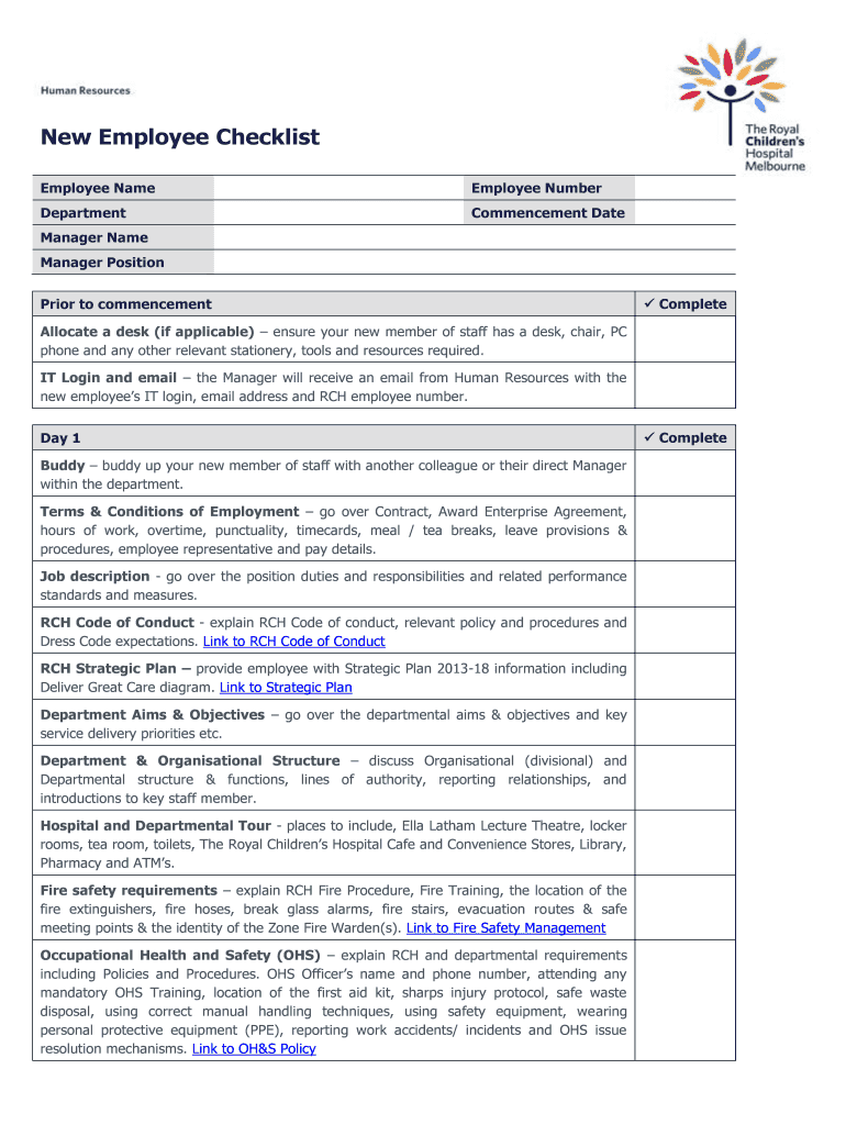 Fillable Online rch org New Employee Checklist - The Royal Children39s ...