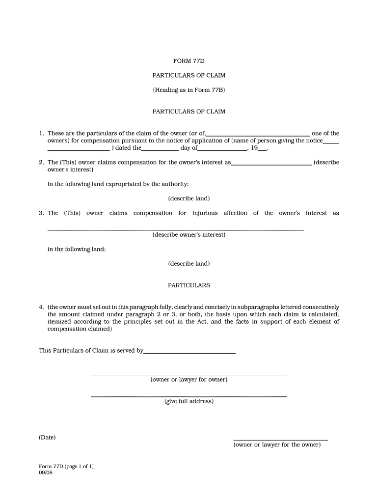 Fillable Online FORM 77D PARTICULARS OF CLAIM (Heading as in Form 77B ...