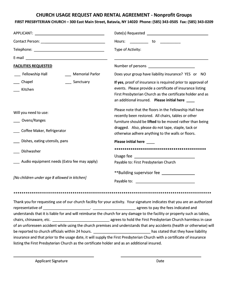 Fillable Online fpcbatavia CHURCH USAGE REQUEST AND RENTAL AGREEMENT ...