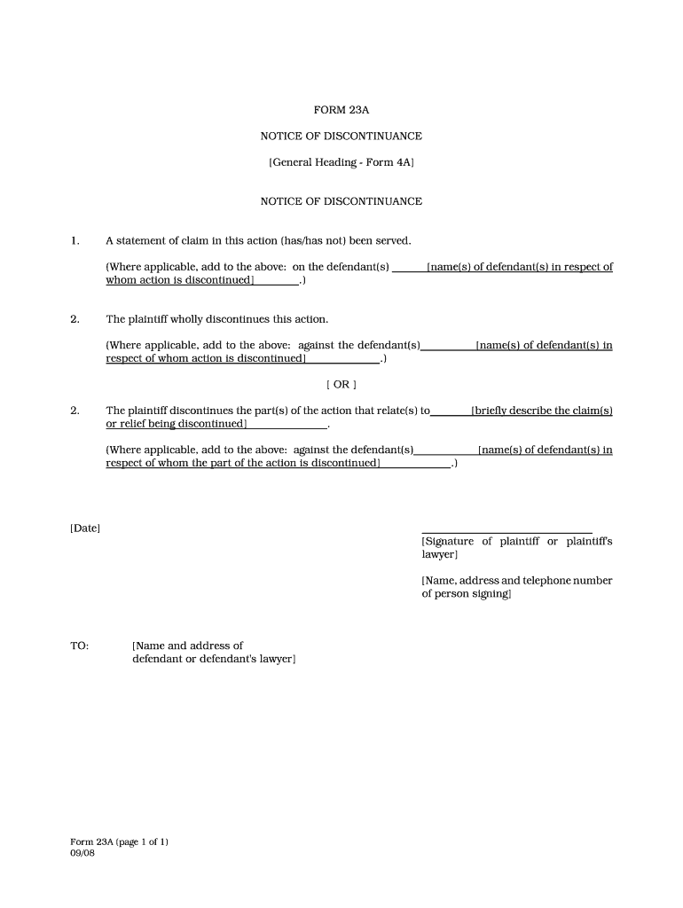 Fillable Online FORM 23A NOTICE OF DISCONTINUANCE General Heading Form ...