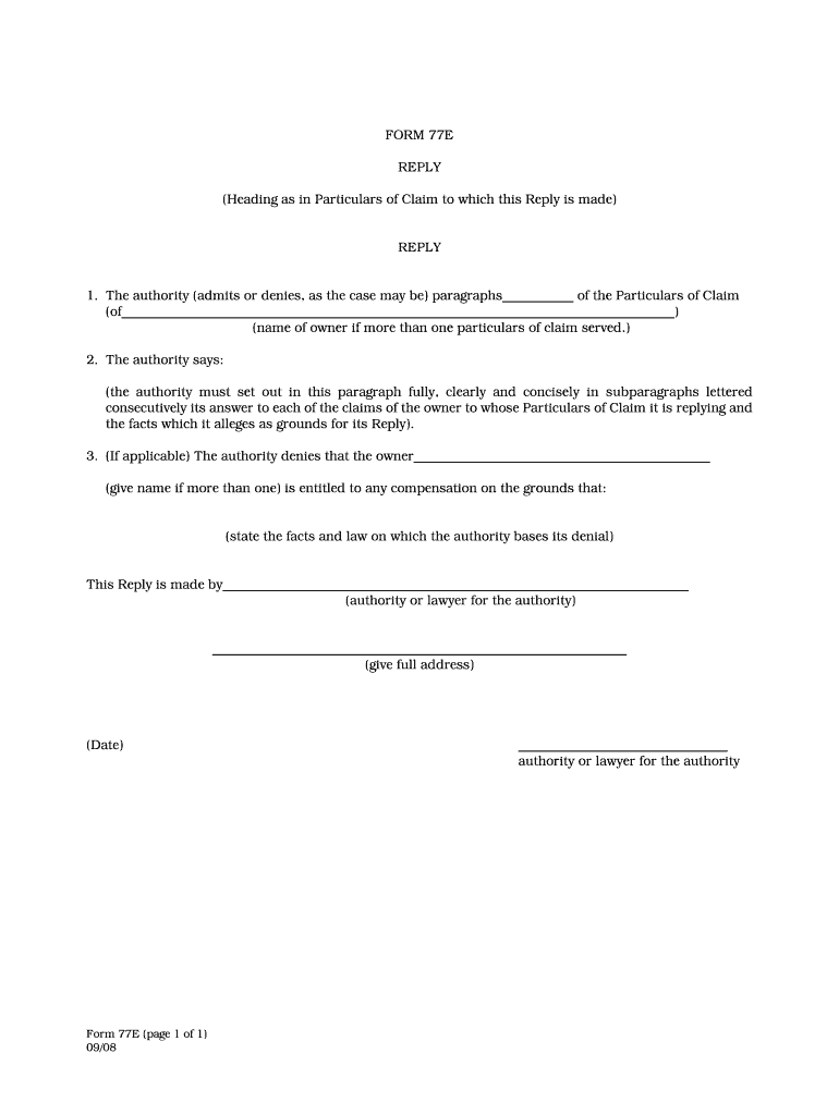 Fillable Online FORM 77E REPLY (Heading as in Particulars of Claim to ...