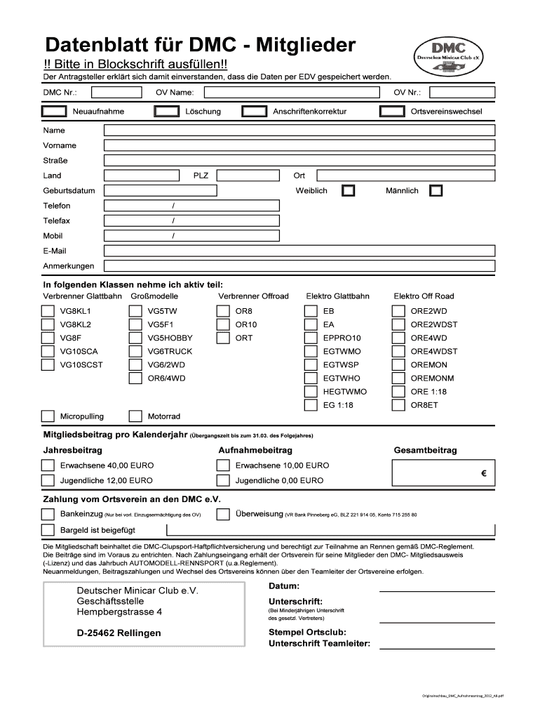Ausfüllbar Online Datenblatt fur DMC - Mitglieder Fax Email Drucken ...
