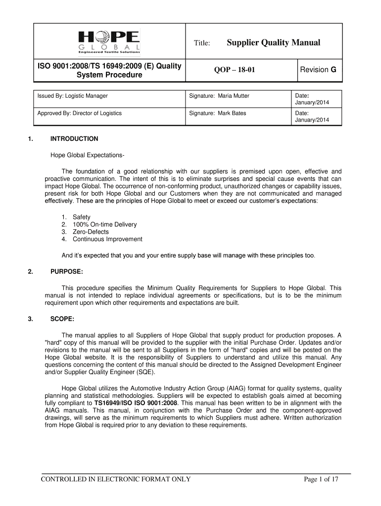 Fillable Online BOS Supplier Partner Quality Manual and associated ...